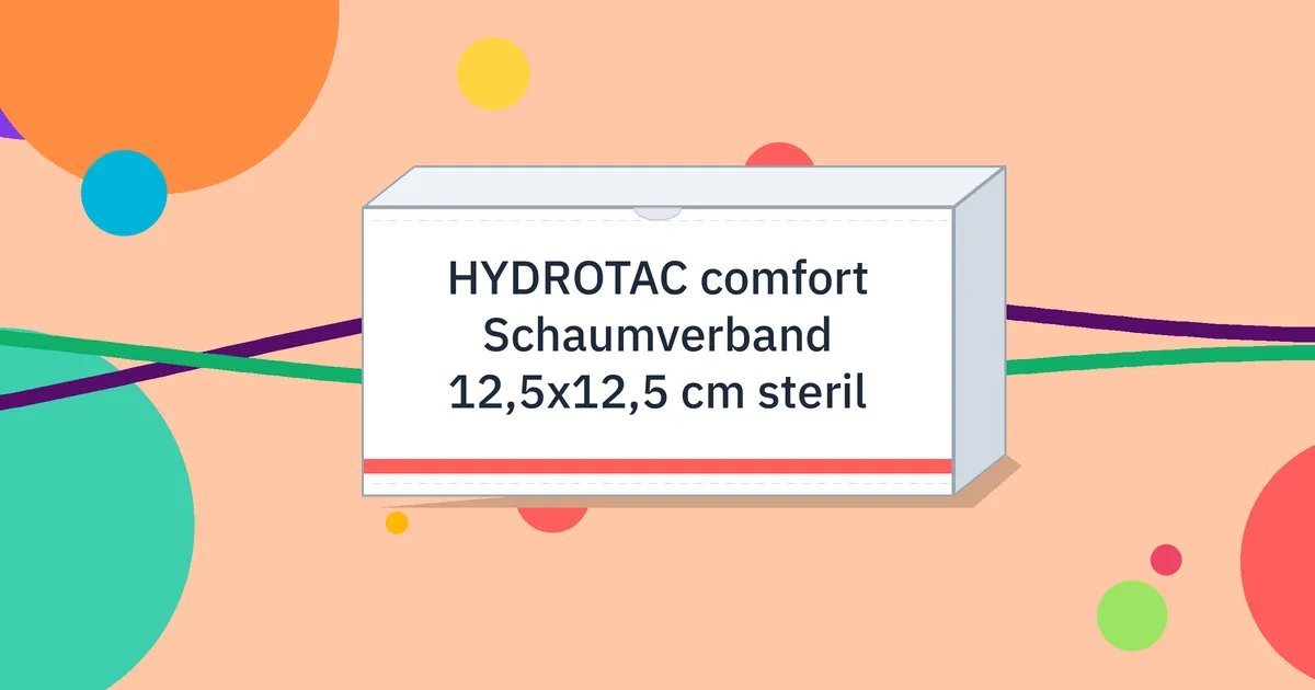 Symbolbild: Packung mit der Aufschrift HYDROTAC comfort Schaumverband 12,5x12,5 cm steril (PZN 17827838) – Verfügbarkeit und Bezug in Apotheken in Frankfurt am Main