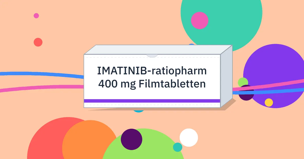 Symbolbild: Packung mit der Aufschrift IMATINIB-ratiopharm 400 mg Filmtabletten (PZN 12729597) – Verfügbarkeit und Bezug in Apotheken in Frankfurt am Main