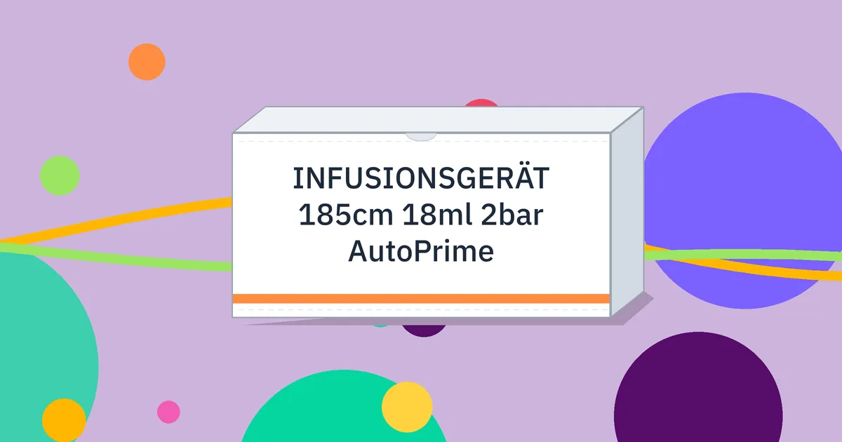 Symbolbild: Packung mit der Aufschrift INFUSIONSGERÄT 185cm 18ml 2bar AutoPrime (PZN 18469246) – Verfügbarkeit und Bezug in Apotheken in Frankfurt am Main