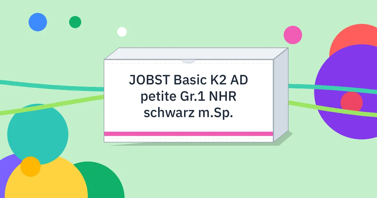 Symbolbild: Packung mit der Aufschrift JOBST Basic K2 AD petite Gr.1 NHR schwarz m.Sp. (PZN 15313259) – Verfügbarkeit und Bezug in Apotheken in Frankfurt am Main