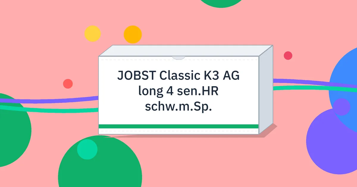 Symbolbild: Packung mit der Aufschrift JOBST Classic K3 AG long 4 sen.HR schw.m.Sp. (PZN 17958279) – Verfügbarkeit und Bezug in Apotheken in Frankfurt am Main