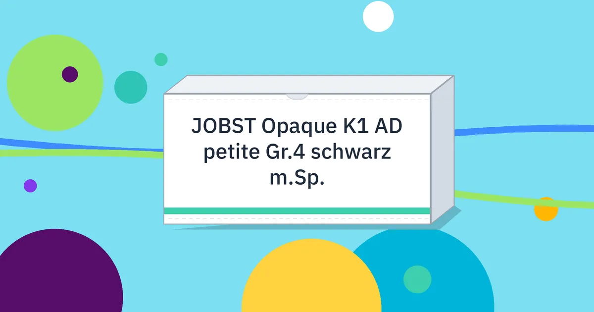 Symbolbild: Packung mit der Aufschrift JOBST Opaque K1 AD petite Gr.4 schwarz m.Sp. (PZN 13079724) – Verfügbarkeit und Bezug in Apotheken in Frankfurt am Main