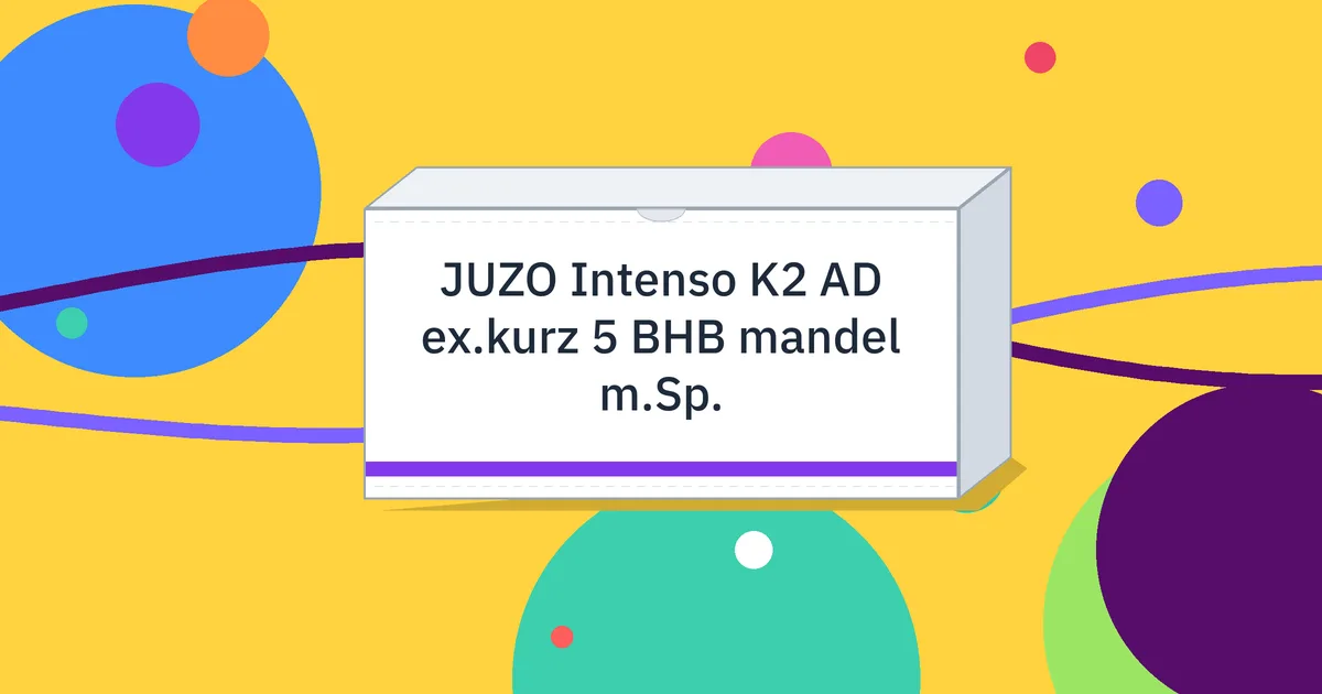 Symbolbild: Packung mit der Aufschrift JUZO Intenso K2 AD ex.kurz 5 BHB mandel m.Sp. (PZN 18615268) – Verfügbarkeit und Bezug in Apotheken in Frankfurt am Main