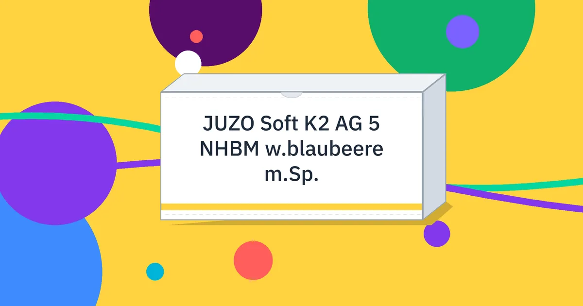 Symbolbild: Packung mit der Aufschrift JUZO Soft K2 AG 5 NHBM w.blaubeere m.Sp. (PZN 15019206) – Verfügbarkeit und Bezug in Apotheken in Frankfurt am Main