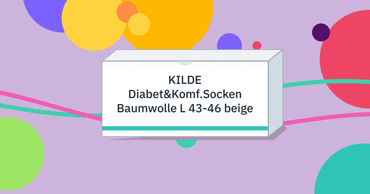 Symbolbild: Packung mit der Aufschrift KILDE Diabet&Komf.Socken Baumwolle L 43-46 beige (PZN 20798164) – Verfügbarkeit und Bezug in Apotheken in Frankfurt am Main