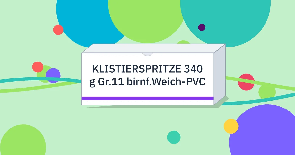 Symbolbild: Packung mit der Aufschrift KLISTIERSPRITZE 340 g Gr.11 birnf.Weich-PVC (PZN 08528427) – Verfügbarkeit und Bezug in Apotheken in Frankfurt am Main
