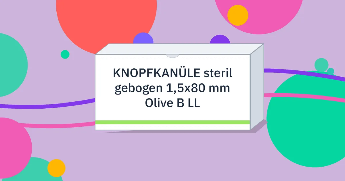 Symbolbild: Packung mit der Aufschrift KNOPFKANÜLE steril gebogen 1,5x80 mm Olive B LL (PZN 19978004) – Verfügbarkeit und Bezug in Apotheken in Frankfurt am Main