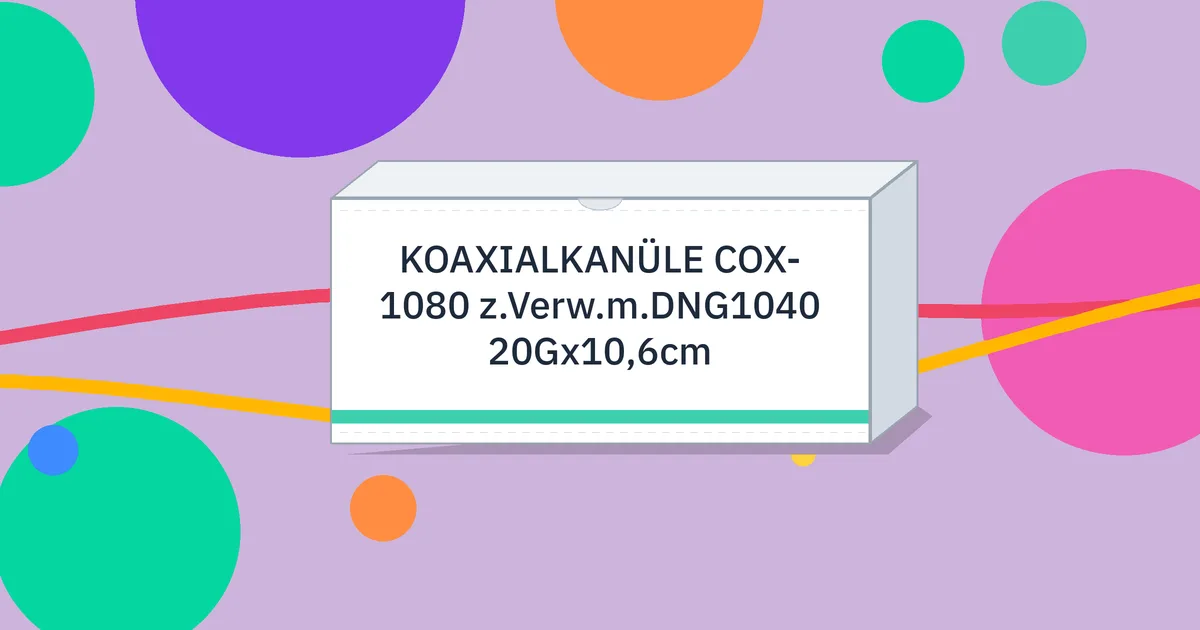 Symbolbild: Packung mit der Aufschrift KOAXIALKANÜLE COX-1080 z.Verw.m.DNG1040 20Gx10,6cm (PZN 00284569) – Verfügbarkeit und Bezug in Apotheken in Frankfurt am Main