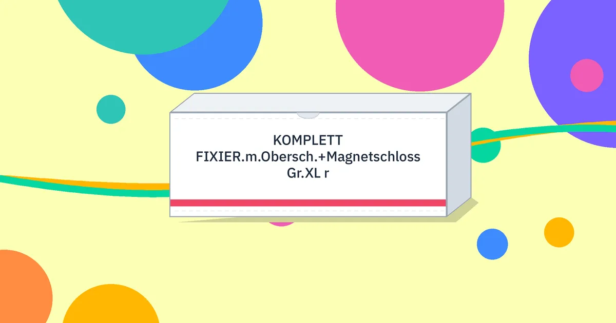 Symbolbild: Packung mit der Aufschrift KOMPLETT FIXIER.m.Obersch.+Magnetschloss Gr.XL r (PZN 16014406) – Verfügbarkeit und Bezug in Apotheken in Frankfurt am Main