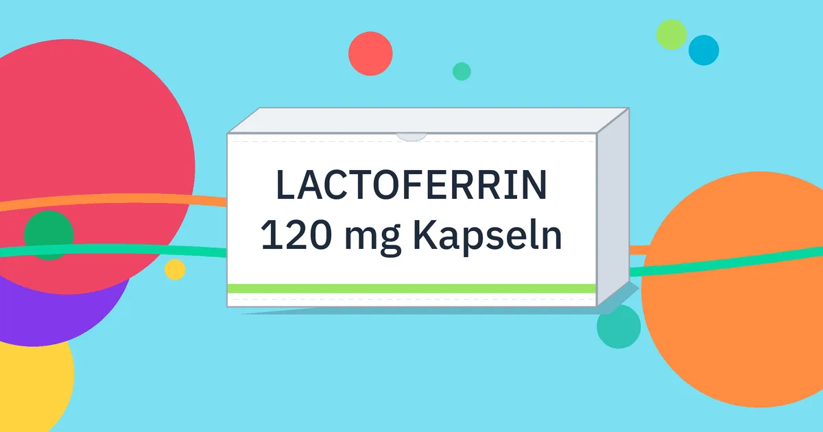Symbolbild: Packung mit der Aufschrift LACTOFERRIN 120 mg Kapseln (PZN 19658251) – Verfügbarkeit und Bezug in Apotheken in Frankfurt am Main