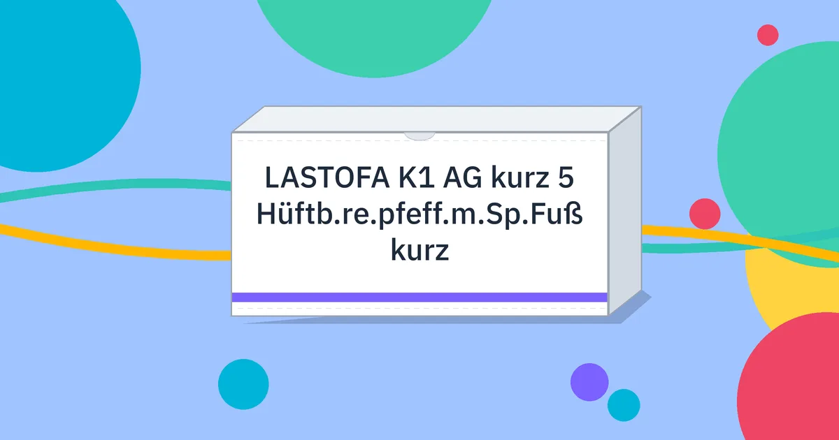 Symbolbild: Packung mit der Aufschrift LASTOFA K1 AG kurz 5 Hüftb.re.pfeff.m.Sp.Fuß kurz (PZN 13798962) – Verfügbarkeit und Bezug in Apotheken in Frankfurt am Main
