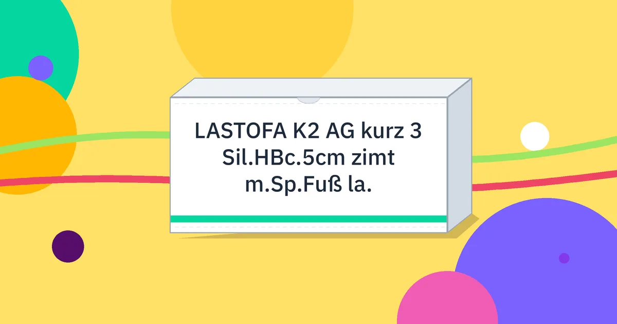 Symbolbild: Packung mit der Aufschrift LASTOFA K2 AG kurz 3 Sil.HBc.5cm zimt m.Sp.Fuß la. (PZN 13804131) – Verfügbarkeit und Bezug in Apotheken in Frankfurt am Main