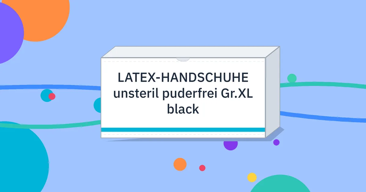 Symbolbild: Packung mit der Aufschrift LATEX-HANDSCHUHE unsteril puderfrei Gr.XL black (PZN 01289497) – Verfügbarkeit und Bezug in Apotheken in Frankfurt am Main
