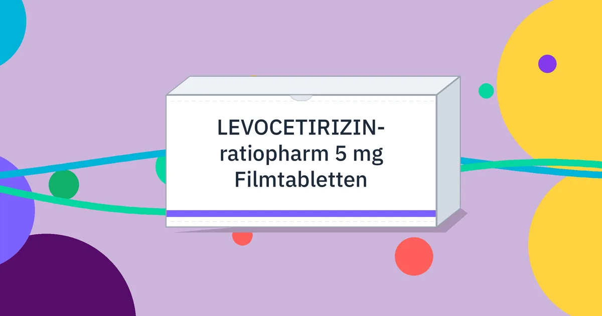 Symbolbild: Packung mit der Aufschrift LEVOCETIRIZIN-ratiopharm 5 mg Filmtabletten (PZN 15197735) – Verfügbarkeit und Bezug in Apotheken in Frankfurt am Main