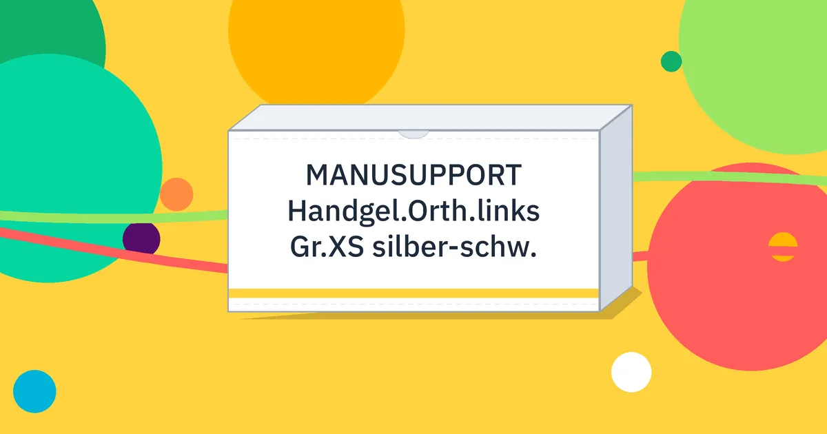 Symbolbild: Packung mit der Aufschrift MANUSUPPORT Handgel.Orth.links Gr.XS silber-schw. (PZN 11096960) – Verfügbarkeit und Bezug in Apotheken in Frankfurt am Main