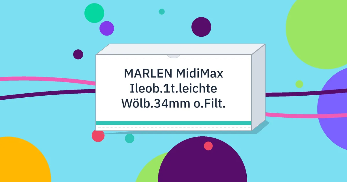 Symbolbild: Packung mit der Aufschrift MARLEN MidiMax Ileob.1t.leichte Wölb.34mm o.Filt. (PZN 16658552) – Verfügbarkeit und Bezug in Apotheken in Frankfurt am Main