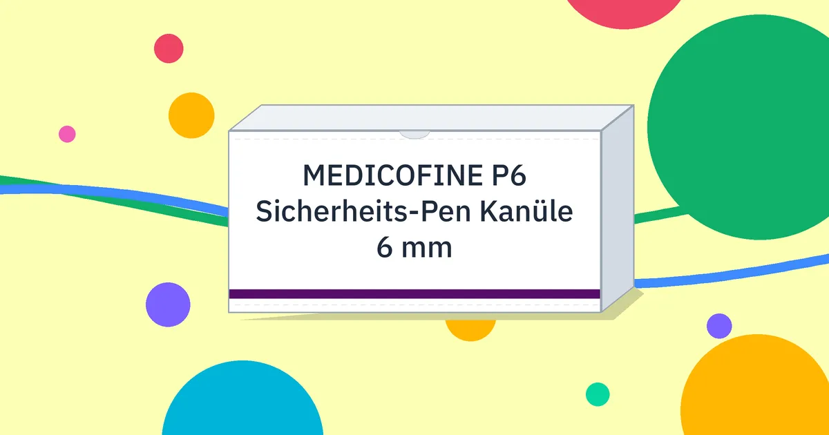 Symbolbild: Packung mit der Aufschrift MEDICOFINE P6 Sicherheits-Pen Kanüle 6 mm (PZN 16032568) – Verfügbarkeit und Bezug in Apotheken in Frankfurt am Main