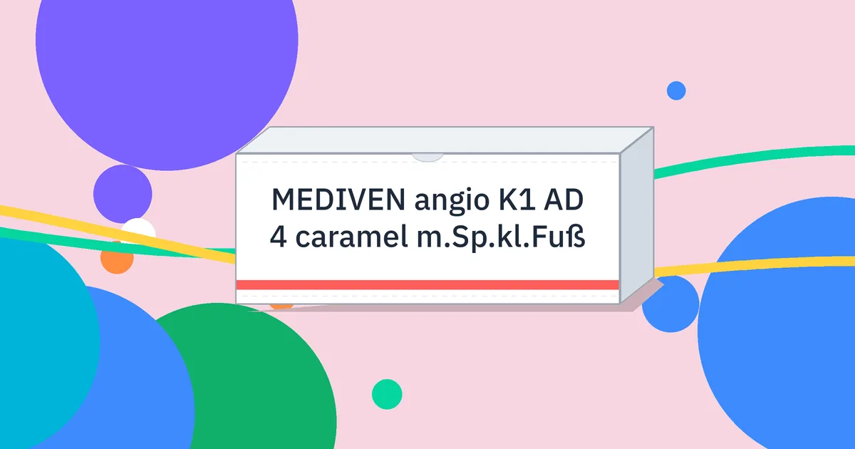 Symbolbild: Packung mit der Aufschrift MEDIVEN angio K1 AD 4 caramel m.Sp.kl.Fuß (PZN 17209968) – Verfügbarkeit und Bezug in Apotheken in Frankfurt am Main