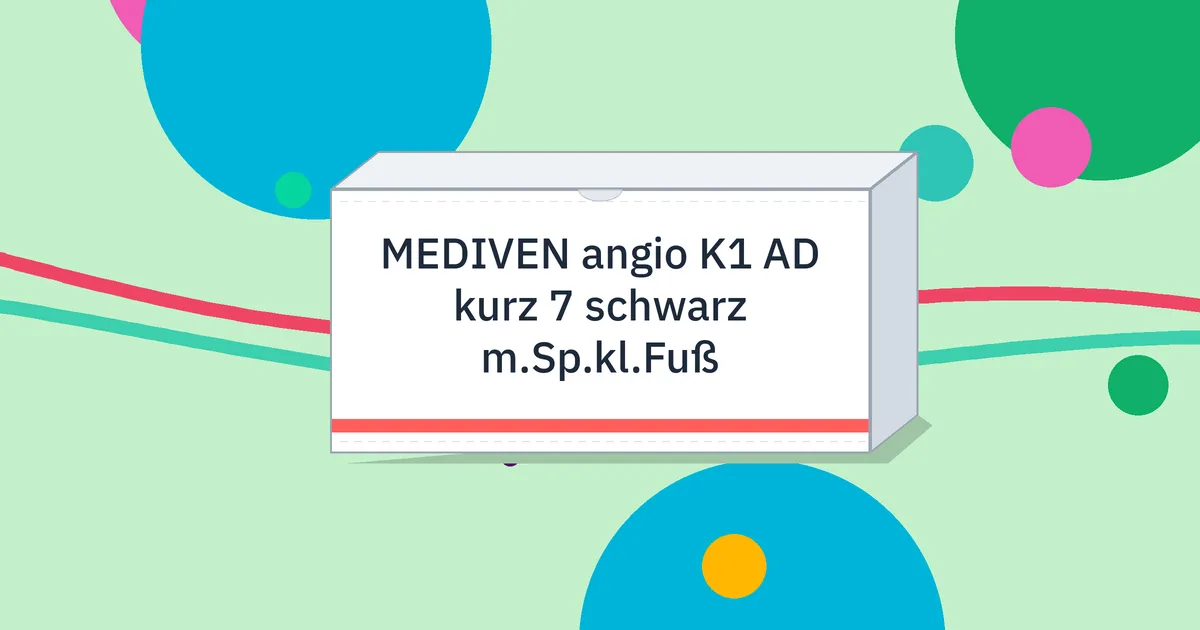 Symbolbild: Packung mit der Aufschrift MEDIVEN angio K1 AD kurz 7 schwarz m.Sp.kl.Fuß (PZN 17210486) – Verfügbarkeit und Bezug in Apotheken in Frankfurt am Main