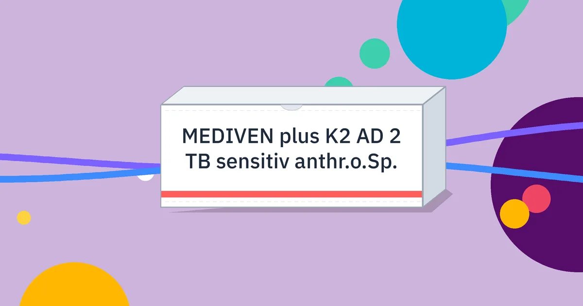 Symbolbild: Packung mit der Aufschrift MEDIVEN plus K2 AD 2 TB sensitiv anthr.o.Sp. (PZN 15104509) – Verfügbarkeit und Bezug in Apotheken in Frankfurt am Main