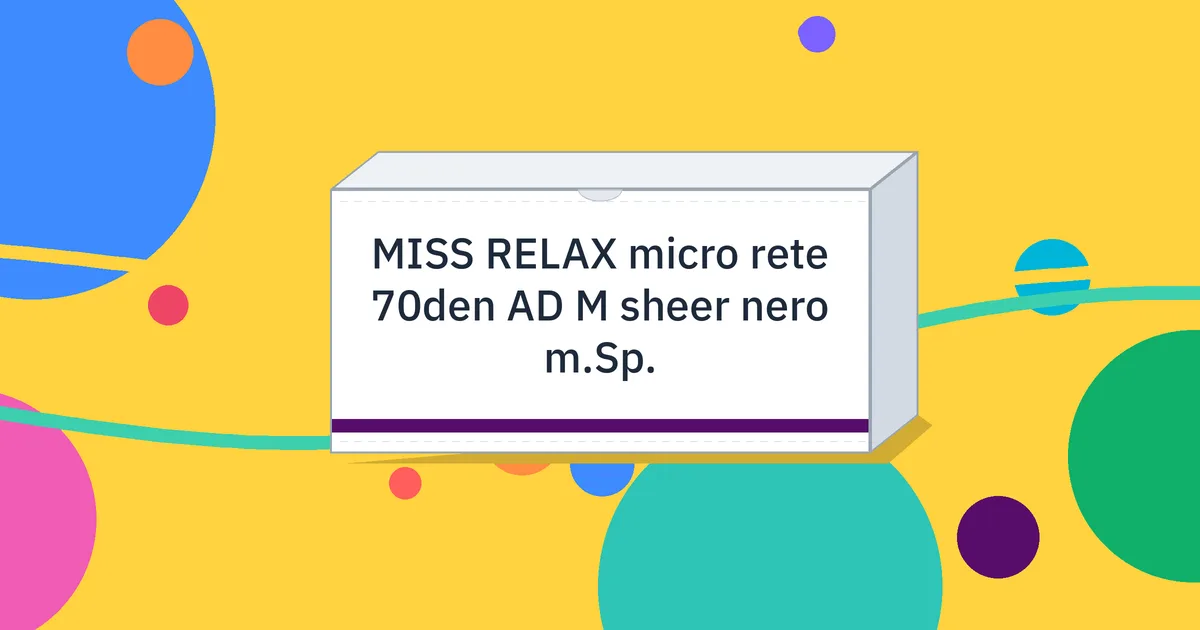 Symbolbild: Packung mit der Aufschrift MISS RELAX micro rete 70den AD M sheer nero m.Sp. (PZN 16183362) – Verfügbarkeit und Bezug in Apotheken in Frankfurt am Main