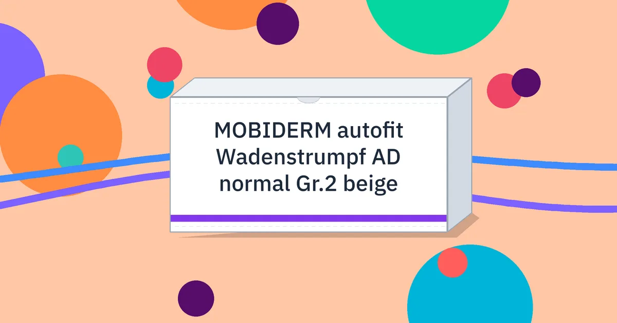 Symbolbild: Packung mit der Aufschrift MOBIDERM autofit Wadenstrumpf AD normal Gr.2 beige (PZN 19742098) – Verfügbarkeit und Bezug in Apotheken in Frankfurt am Main