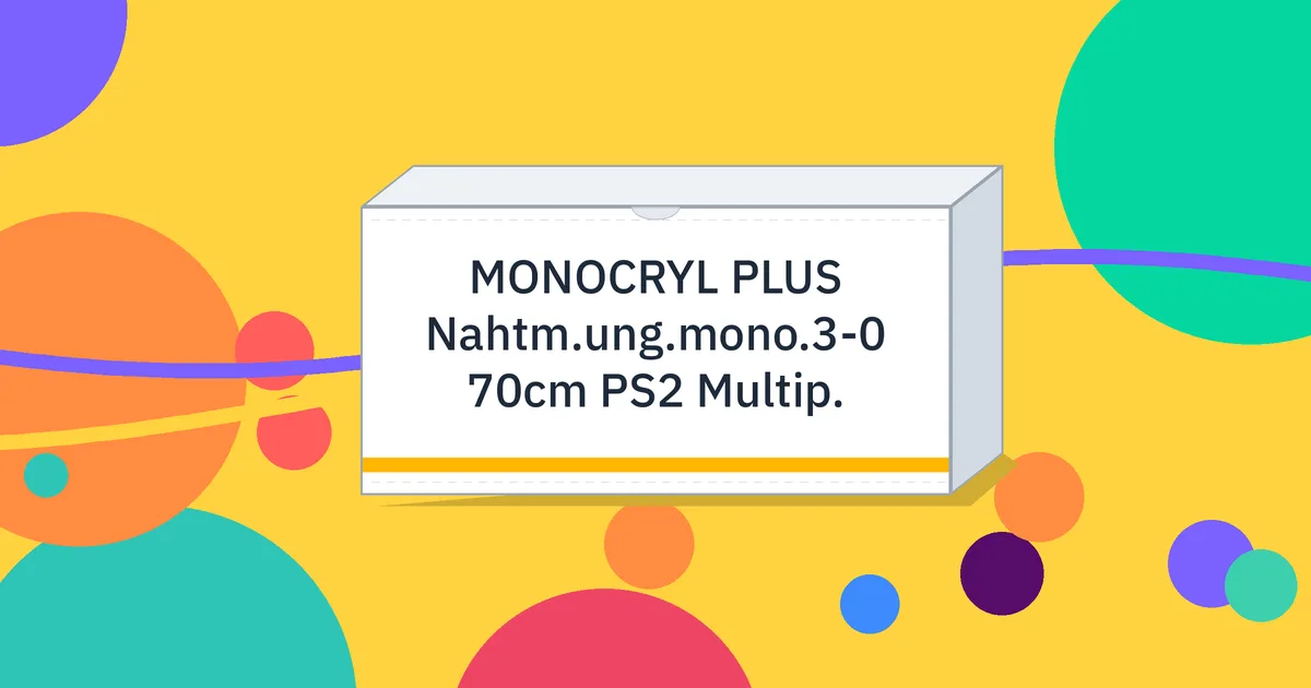Symbolbild: Packung mit der Aufschrift MONOCRYL PLUS Nahtm.ung.mono.3-0 70cm PS2 Multip. (PZN 19202798) – Verfügbarkeit und Bezug in Apotheken in Frankfurt am Main
