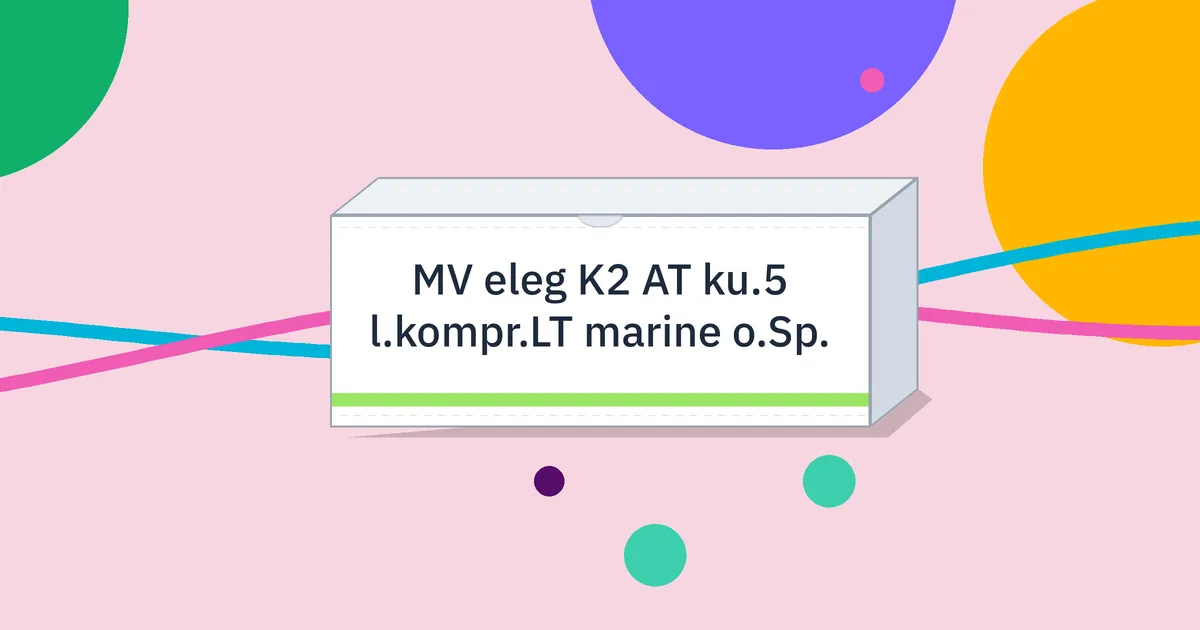 Symbolbild: Packung mit der Aufschrift MV eleg K2 AT ku.5 l.kompr.LT marine o.Sp. (PZN 15287898) – Verfügbarkeit und Bezug in Apotheken in Frankfurt am Main