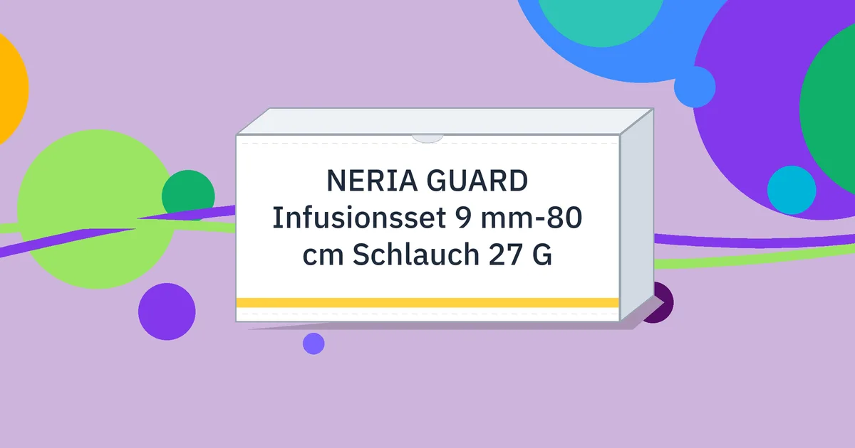 Symbolbild: Packung mit der Aufschrift NERIA GUARD Infusionsset 9 mm-80 cm Schlauch 27 G (PZN 19365141) – Verfügbarkeit und Bezug in Apotheken in Frankfurt am Main