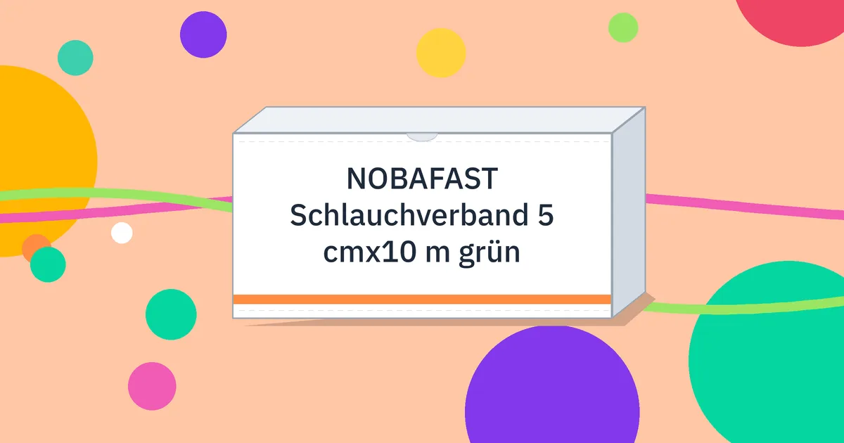 Symbolbild: Packung mit der Aufschrift NOBAFAST Schlauchverband 5 cmx10 m grün (PZN 06469519) – Verfügbarkeit und Bezug in Apotheken in Frankfurt am Main