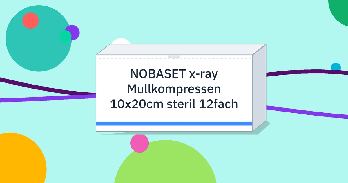 Symbolbild: Packung mit der Aufschrift NOBASET x-ray Mullkompressen 10x20cm steril 12fach (PZN 17584608) – Verfügbarkeit und Bezug in Apotheken in Frankfurt am Main