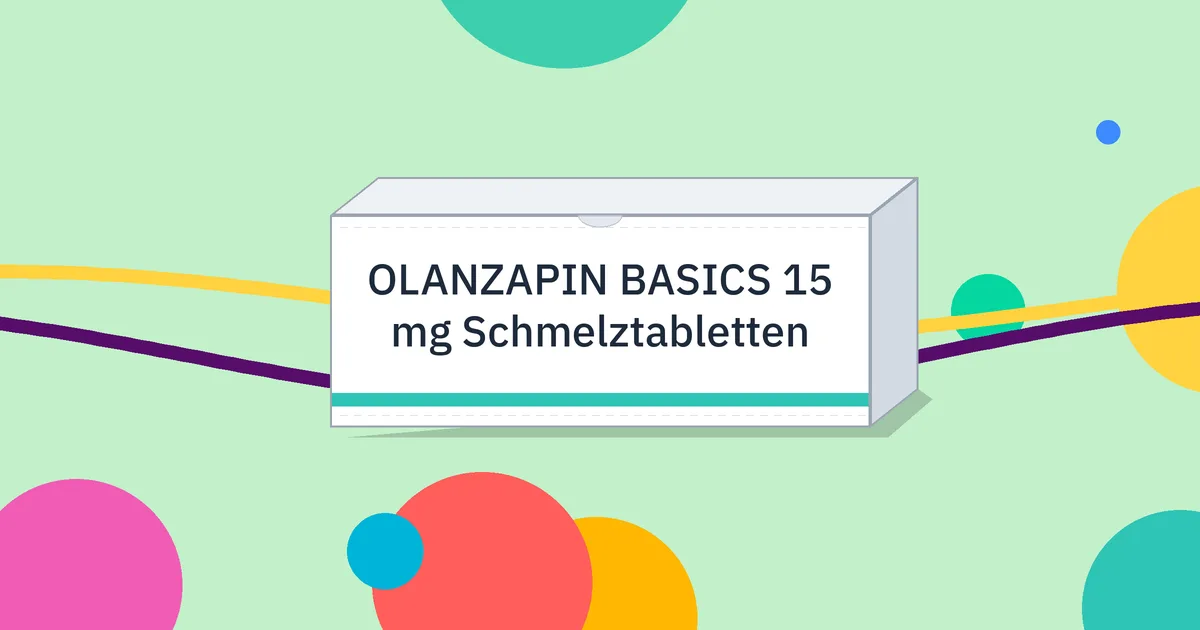 Symbolbild: Packung mit der Aufschrift OLANZAPIN BASICS 15 mg Schmelztabletten (PZN 08837536) – Verfügbarkeit und Bezug in Apotheken in Frankfurt am Main