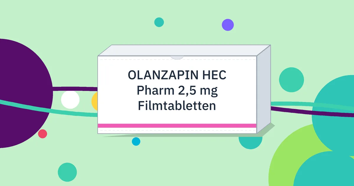 Symbolbild: Packung mit der Aufschrift OLANZAPIN HEC Pharm 2,5 mg Filmtabletten (PZN 11882687) – Verfügbarkeit und Bezug in Apotheken in Frankfurt am Main