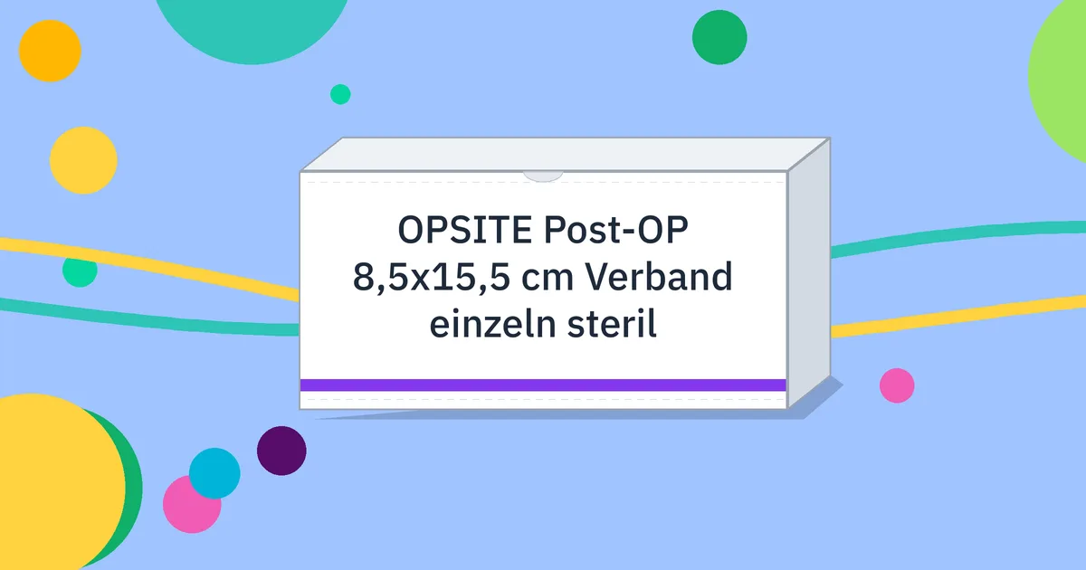 Symbolbild: Packung mit der Aufschrift OPSITE Post-OP 8,5x15,5 cm Verband einzeln steril (PZN 01447447) – Verfügbarkeit und Bezug in Apotheken in Frankfurt am Main