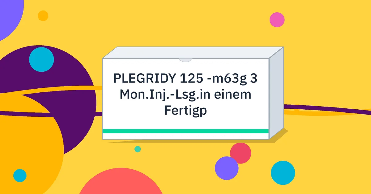 Symbolbild: Packung mit der Aufschrift PLEGRIDY 125 -m63g 3 Mon.Inj.-Lsg.in einem Fertigp (PZN 16134056) – Verfügbarkeit und Bezug in Apotheken in Frankfurt am Main