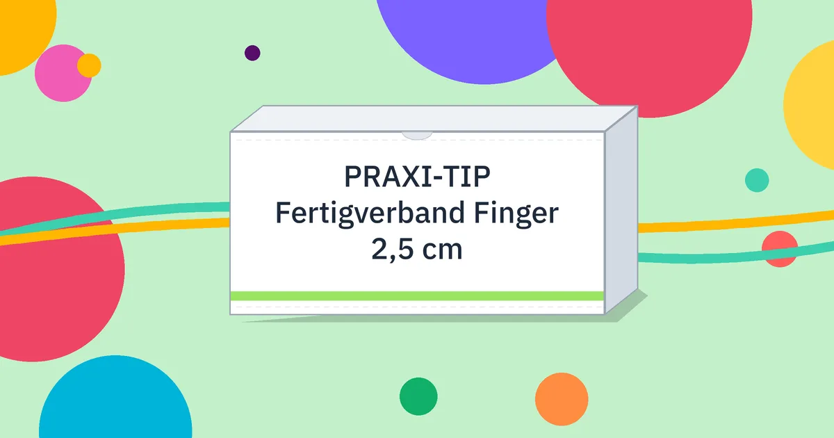Symbolbild: Packung mit der Aufschrift PRAXI-TIP Fertigverband Finger 2,5 cm (PZN 12827986) – Verfügbarkeit und Bezug in Apotheken in Frankfurt am Main