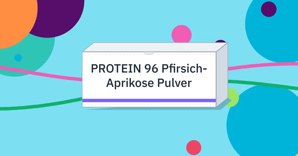 Symbolbild: Packung mit der Aufschrift PROTEIN 96 Pfirsich-Aprikose Pulver (PZN 10534180) – Verfügbarkeit und Bezug in Apotheken in Frankfurt am Main