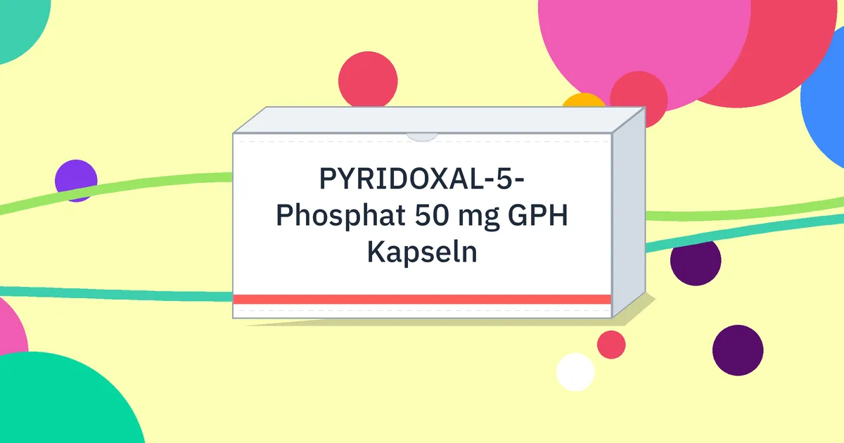 Symbolbild: Packung mit der Aufschrift PYRIDOXAL-5-Phosphat 50 mg GPH Kapseln (PZN 20091275) – Verfügbarkeit und Bezug in Apotheken in Frankfurt am Main