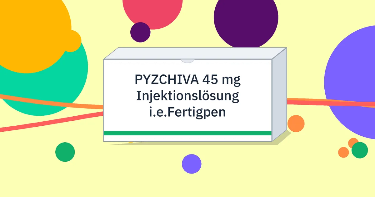 Symbolbild: Packung mit der Aufschrift PYZCHIVA 45 mg Injektionslösung i.e.Fertigpen (PZN 20336191) – Verfügbarkeit und Bezug in Apotheken in Frankfurt am Main