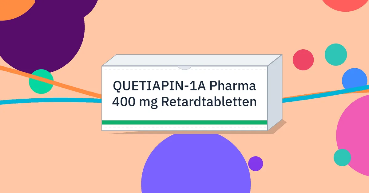 Symbolbild: Packung mit der Aufschrift QUETIAPIN-1A Pharma 400 mg Retardtabletten (PZN 09947238) – Verfügbarkeit und Bezug in Apotheken in Frankfurt am Main