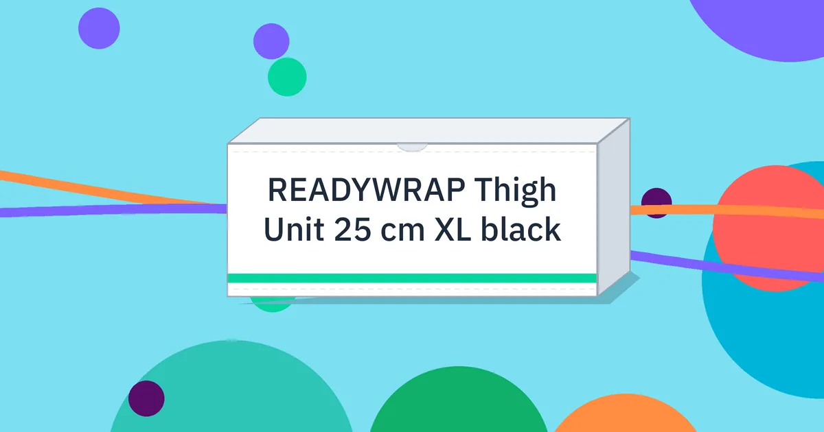 Symbolbild: Packung mit der Aufschrift READYWRAP Thigh Unit 25 cm XL black (PZN 16566962) – Verfügbarkeit und Bezug in Apotheken in Frankfurt am Main