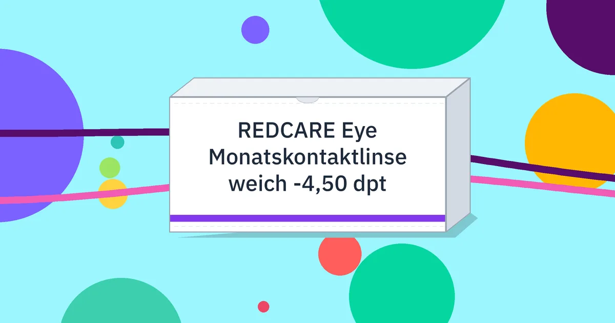 Symbolbild: Packung mit der Aufschrift REDCARE Eye Monatskontaktlinse weich -4,50 dpt (PZN 18782078) – Verfügbarkeit und Bezug in Apotheken in Frankfurt am Main