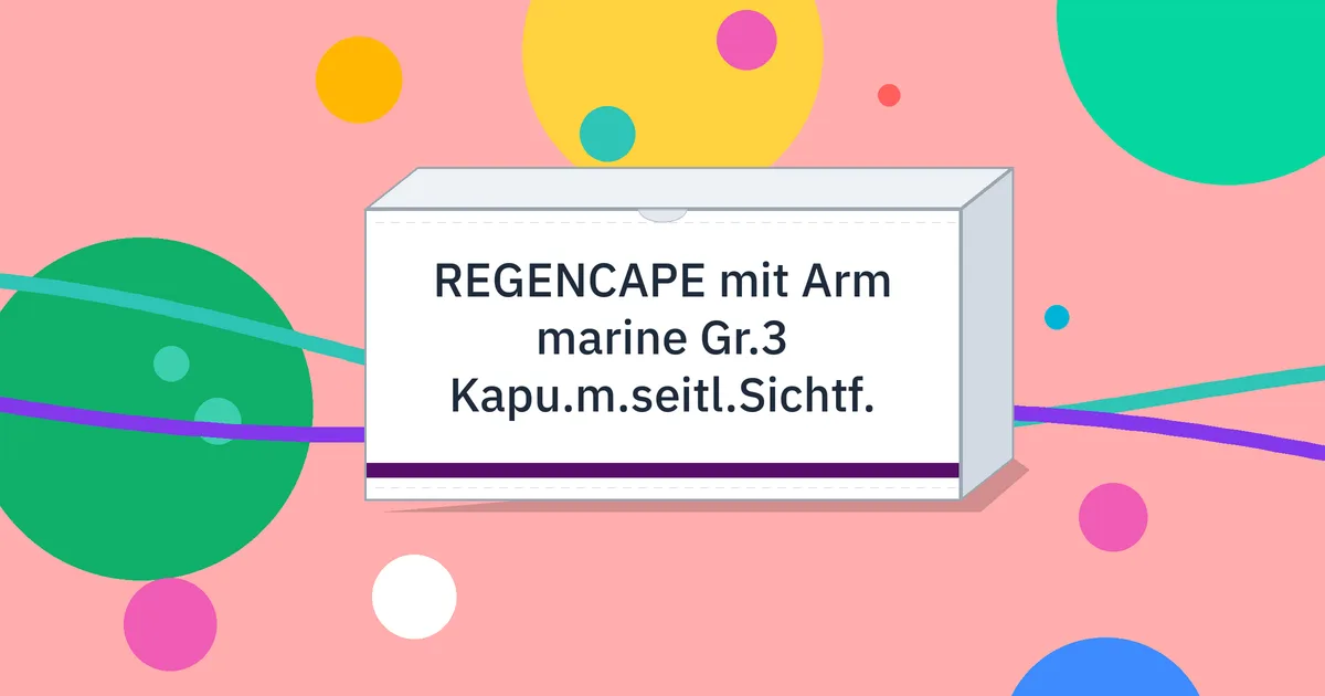 Symbolbild: Packung mit der Aufschrift REGENCAPE mit Arm marine Gr.3 Kapu.m.seitl.Sichtf. (PZN 12606943) – Verfügbarkeit und Bezug in Apotheken in Frankfurt am Main