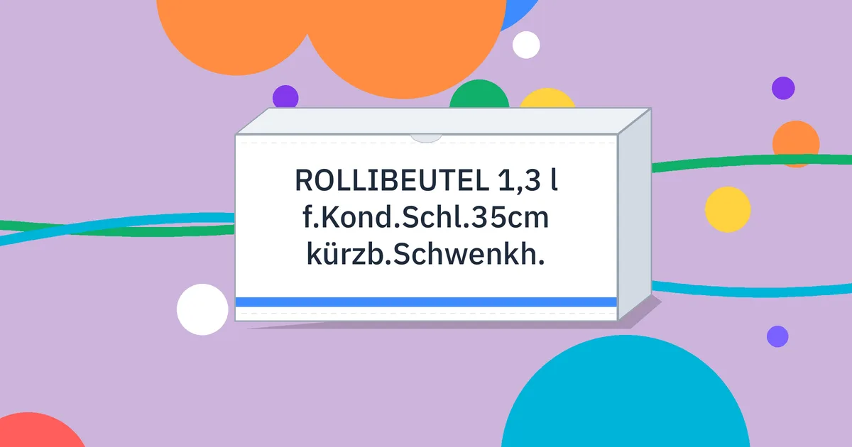 Symbolbild: Packung mit der Aufschrift ROLLIBEUTEL 1,3 l f.Kond.Schl.35cm kürzb.Schwenkh. (PZN 00987555) – Verfügbarkeit und Bezug in Apotheken in Frankfurt am Main