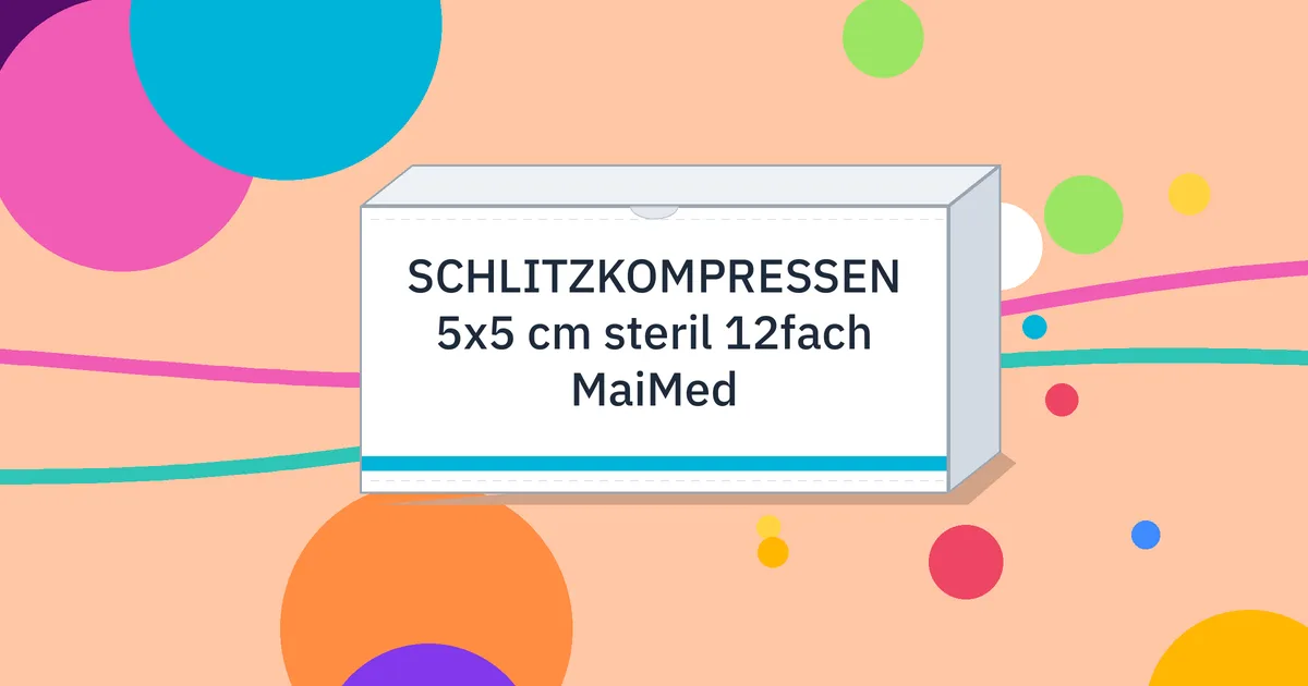 Symbolbild: Packung mit der Aufschrift SCHLITZKOMPRESSEN 5x5 cm steril 12fach MaiMed (PZN 20354421) – Verfügbarkeit und Bezug in Apotheken in Frankfurt am Main