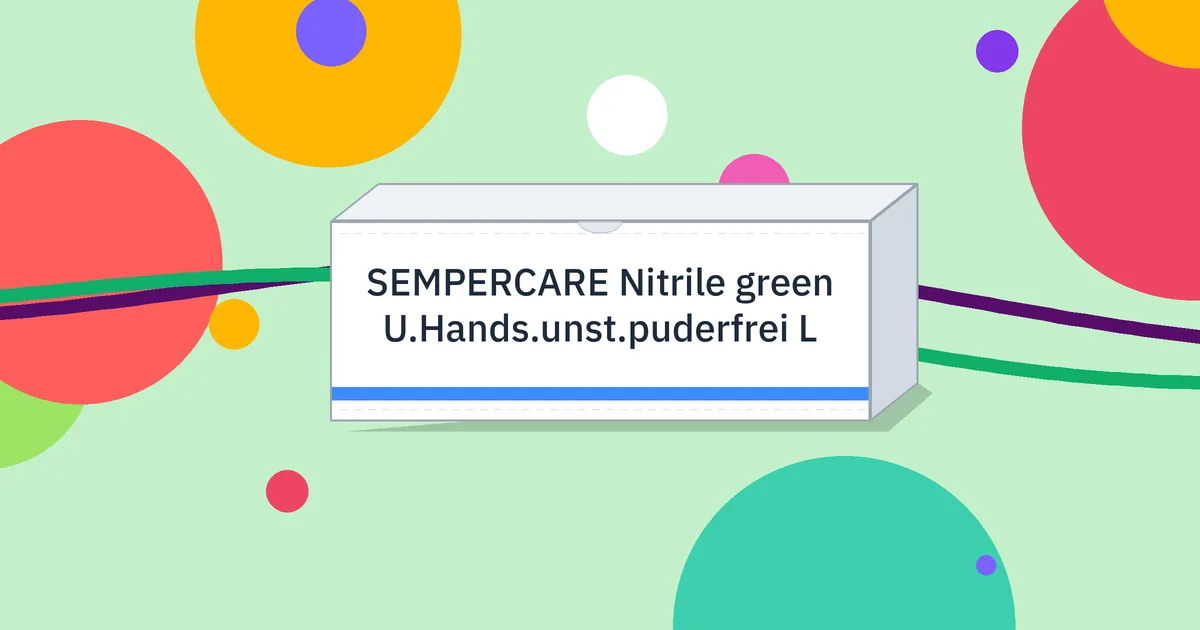 Symbolbild: Packung mit der Aufschrift SEMPERCARE Nitrile green U.Hands.unst.puderfrei L (PZN 16363377) – Verfügbarkeit und Bezug in Apotheken in Frankfurt am Main