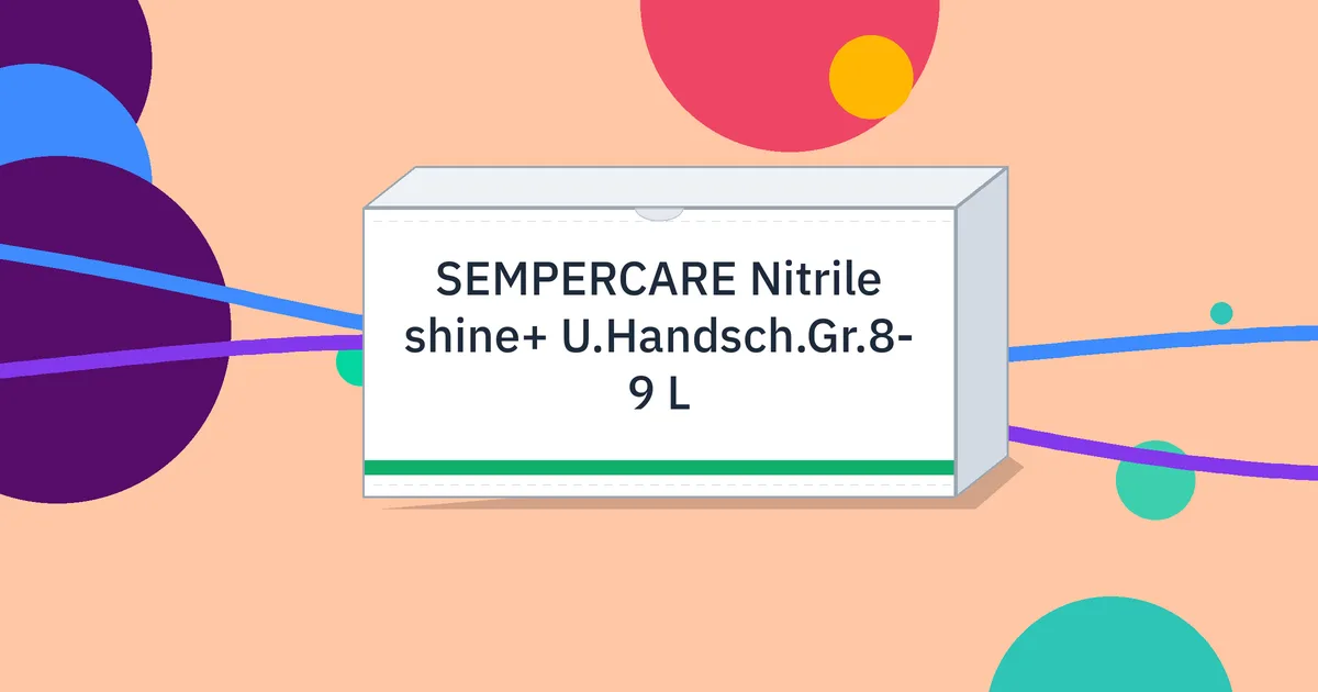 Symbolbild: Packung mit der Aufschrift SEMPERCARE Nitrile shine+ U.Handsch.Gr.8-9 L (PZN 10758749) – Verfügbarkeit und Bezug in Apotheken in Frankfurt am Main