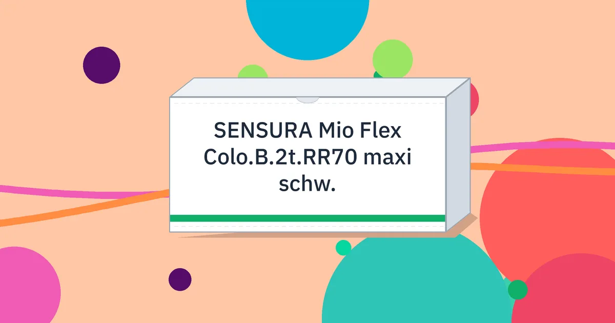 Symbolbild: Packung mit der Aufschrift SENSURA Mio Flex Colo.B.2t.RR70 maxi schw. (PZN 20323478) – Verfügbarkeit und Bezug in Apotheken in Frankfurt am Main