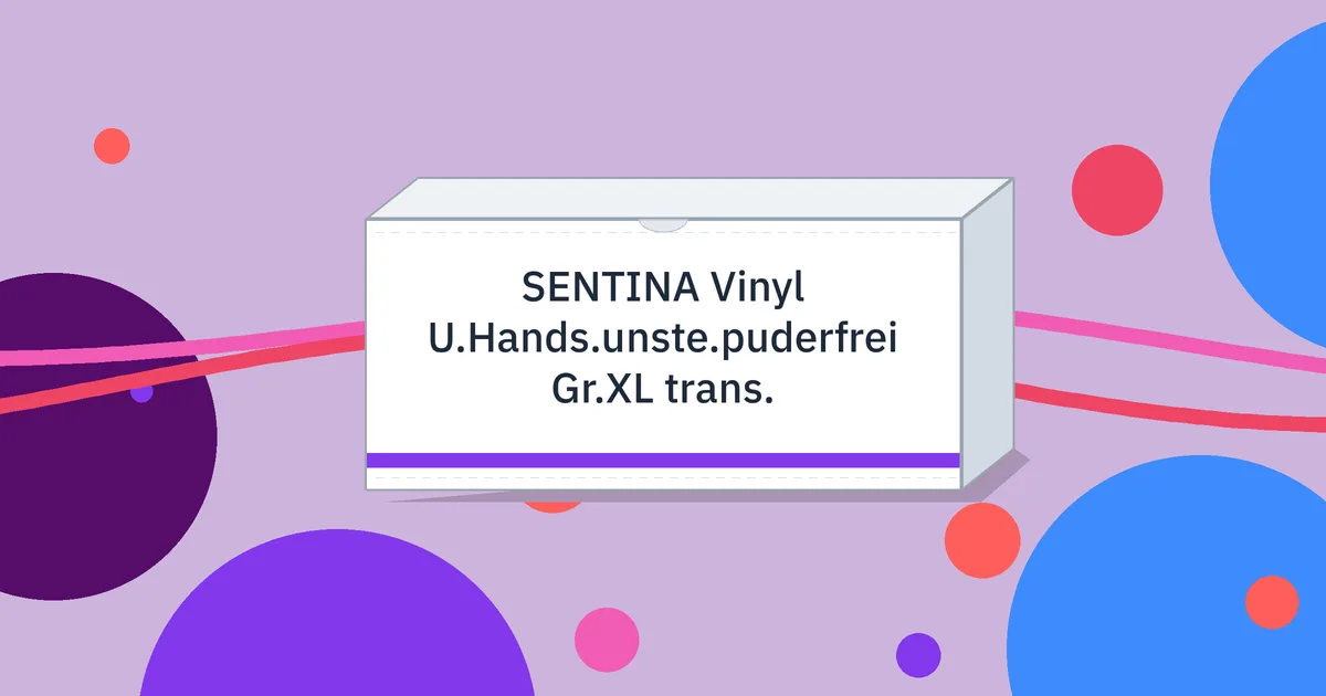 Symbolbild: Packung mit der Aufschrift SENTINA Vinyl U.Hands.unste.puderfrei Gr.XL trans. (PZN 17841577) – Verfügbarkeit und Bezug in Apotheken in Frankfurt am Main