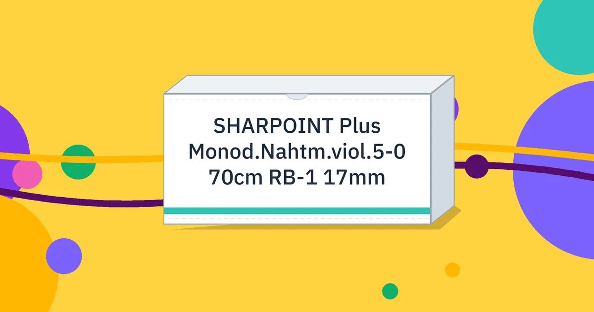Symbolbild: Packung mit der Aufschrift SHARPOINT Plus Monod.Nahtm.viol.5-0 70cm RB-1 17mm (PZN 17986761) – Verfügbarkeit und Bezug in Apotheken in Frankfurt am Main